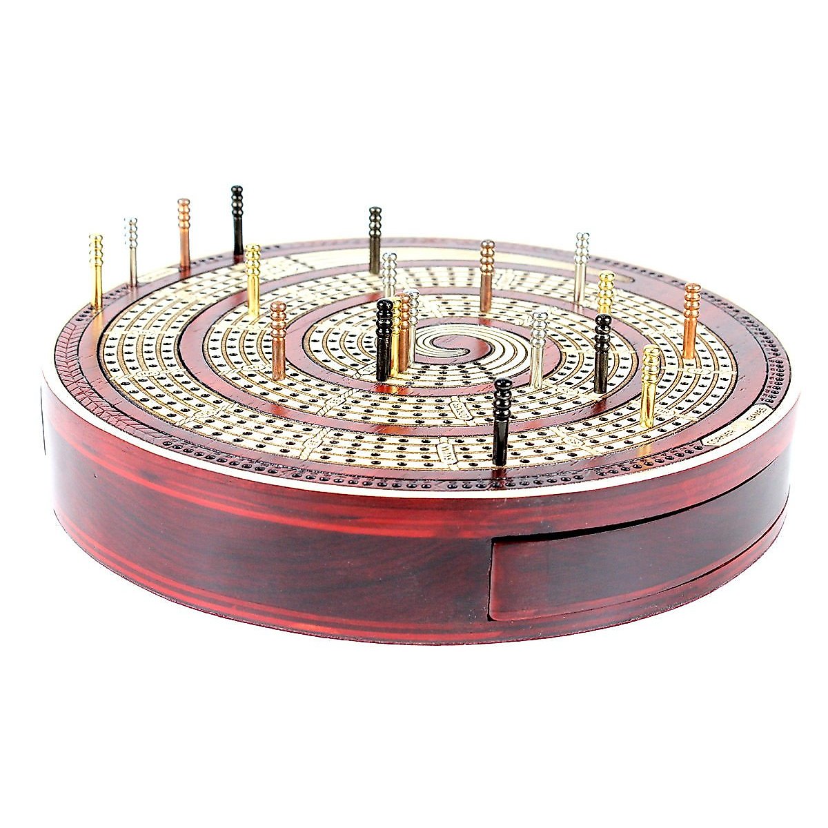 House of Cribbage - Cribbage Board Spiral Design Round Shape 4 Tracks Bloodwood/Maple with Place for Skunks, Corners & Won Games
