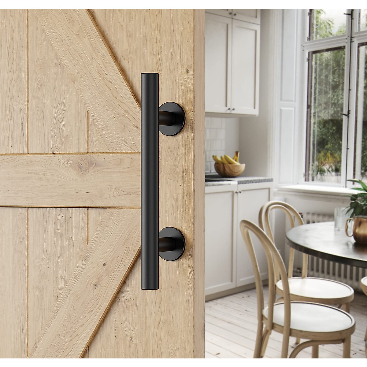 HomLxclx 12" Sliding Barn Door Handle Pull and Flush Hardware Set, Black Powder Coated Finish Round Shape,Heavy Duty Barn Door Handles-Fit 1 3/8-1 3/4" Thickness Door Panel, Easy to Install1