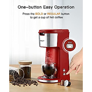 Single Serve Coffee Maker, with Reusable Ground Basket and Pod Holder, Easy to Use and Clean, One Cup Coffee Maker with Bold Brew, Descaling Reminder, Fits Travel Mug, 6 to 14 Oz Brew Size, Red