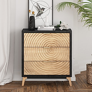 LONYKE 3-Drawer X 2P Farmhouse Dresser with Handcrafted Wood Ring Motif, Black Nightstand for Bedroom, Fully-Assembled, Morden Rustic