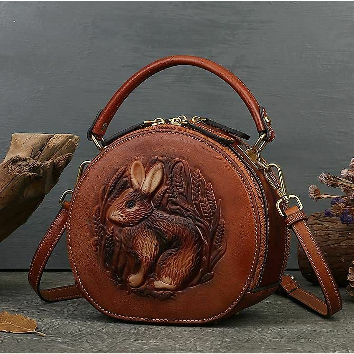 Handmade Women Genuine Cow Leather Shoulder Bag Handbag Purse Tote Rabbit Embossed Crossbody For Girl,For Women (Brown)