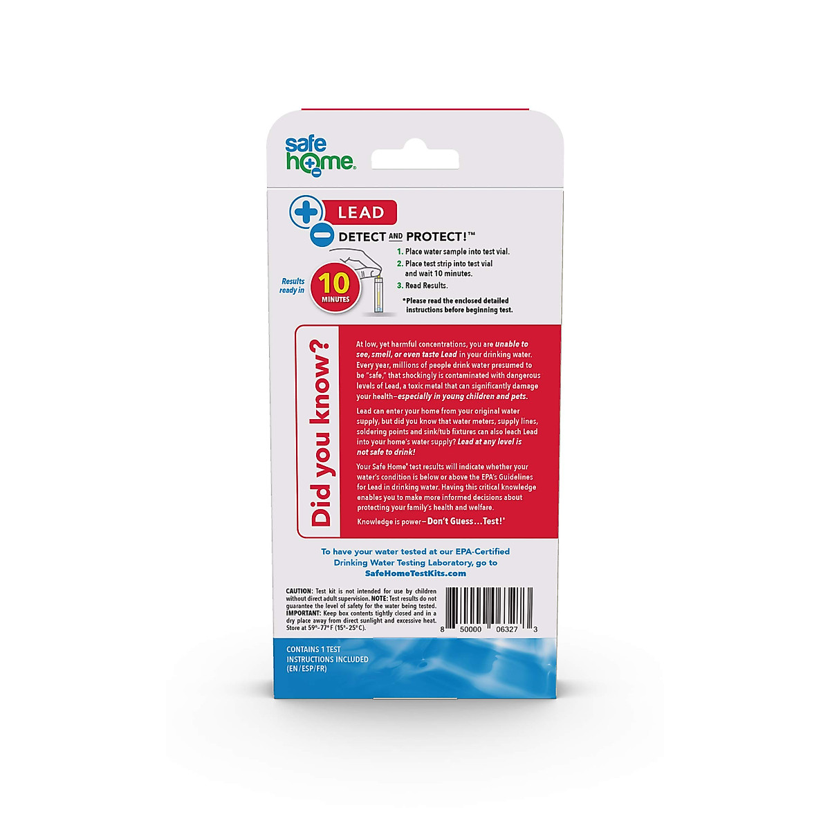 Safe Home® DIY Lead in Drinking Water Test Kit – at Home Testing for Lead in City Water or Well Water – Detection to 5ppb – 10 Minute Test – Single Pack