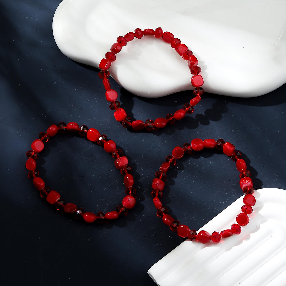 Jules D.Multi Rows Stackable Stretch Bracelet Colorful Shell Glass Boho Bracelets Trendy Costume Jewelry Gifts for Women (Red)