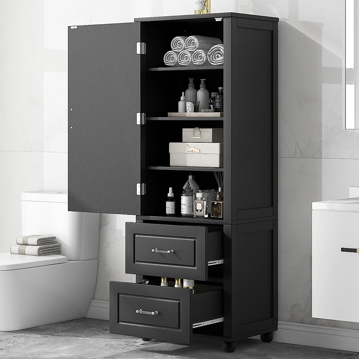 Virubi 61.4 in Tall Bathroom Floor Storage Cabinet, Wood Bathroom Cabinet with 2 Drawers and 2 Adjustable Shelves, Bathroom Cabinets Freestanding Bathroom Storage Organizer (Black)