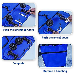 YASYU Foldable Shopping Bag with Wheels Folding Shopping Trolley Tote Bag on Wheels Collapsible Shopping Cart Bags 2 in 1 Reusable Grocery Bags Travel Bag (Blue)