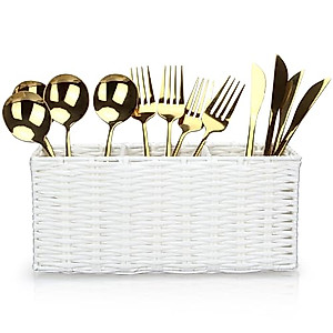 Ayiaren Wicker Silverware Cutlery Holder Flatware Caddy Kitchen Utensils Holder for Countertop Silverware Organizer Storage Containers Spoon Knives Fork Holder White Flatware Silverware Caddies