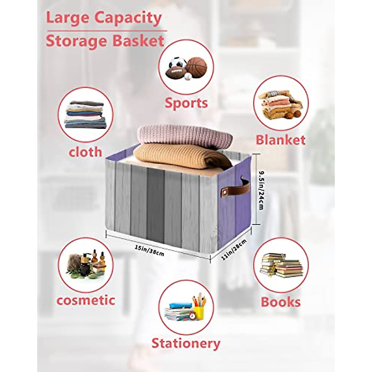 Rustic Wood Purple Cube Storage Organizer Bins with Handles,1PC Collapsible Canvas Cloth Fabric Storage Basket,Farmhouse Ombre Grey White Color Books Kids' Toys Bin Boxes for Shelves,Closet