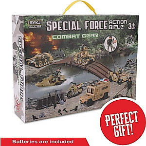 Liberty Imports 42 PCS Military Base Toy Combat Zone Playset - Battle Site with Tanks, Boat, Motorcycle, Trucks, Army Men Soldier Action Figures, Weapons, and Accessories for Kids