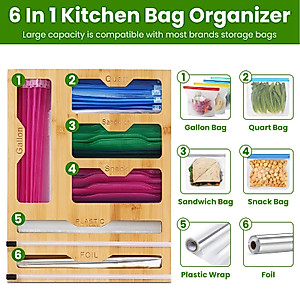 KOCASO 6 in 1 Foil and Plastic Ziplock Bag Organizer for Kitchen Drawer，Kitchen Countertop Organizer and Drawer Organizer for Gallon Quart Sandwich Snack
