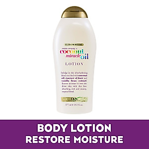 OGX Extra Creamy + Coconut Miracle Oil Ultra Moisture Body Lotion with Vanilla Bean, Fast-Absorbing Lotion for All Skin Types, Paraben-Free and Sulfated-Surfactants Free, 19.5 fl oz