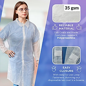 AMZ Medical Supply White Disposable Lab Coat, M. 35 GSM Polypropylene Fabric Medical PPE Coat. Knee-Length Disposable Lab Coats for Adults with Elastic Wrists, Loop Fasteners, No Pockets