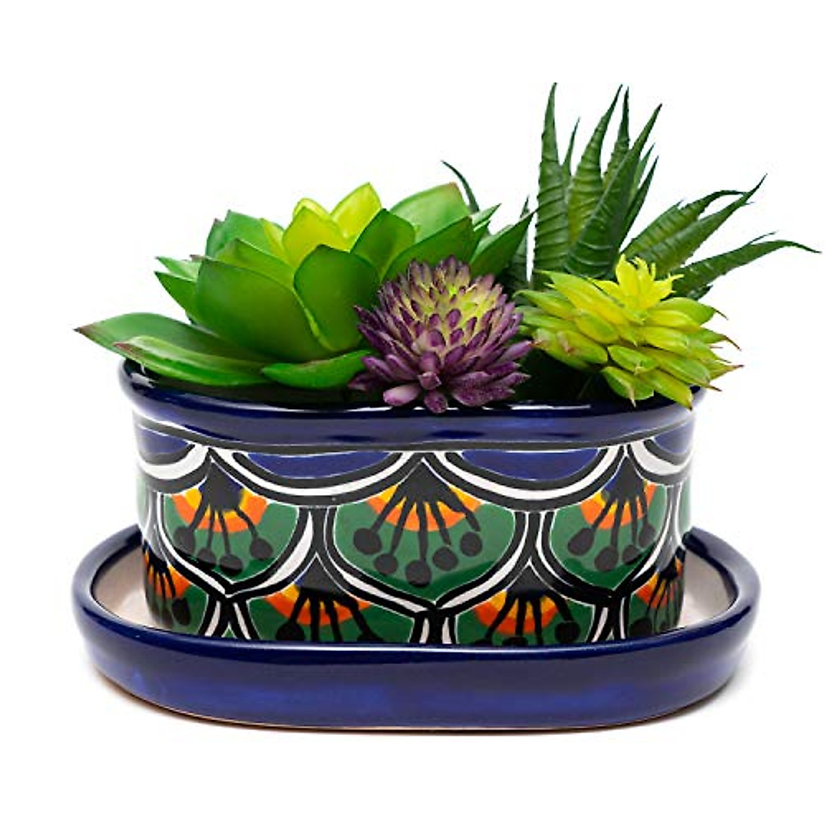 Enchanted Talavera Mexican Talavera Ceramic Succulent Pot Mini Flower Planter Cactus Bonsai Pot W/Drainage & Drip Dish Home Garden Office Desk Décor Gift Set (Peacock)