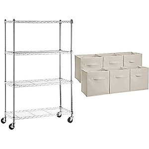 Amazon Basics 4-Shelf Heavy Duty Shelving Storage Unit on 3'' Wheel Casters, Metal Organizer Wire Rack - Chrome Silver & Collapsible Fabric Storage Cubes Organizer with Handles, Beige - Pack of 6