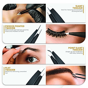 Utopia Care Tweezers for Women Facial Hair (4 Piece), Eyebrow Tweezers for Women Professional, Precision Tweezers Set for Women, Pointed Tweezers Slant Tip, Ingrown Hair Tweezers for Men (Black)