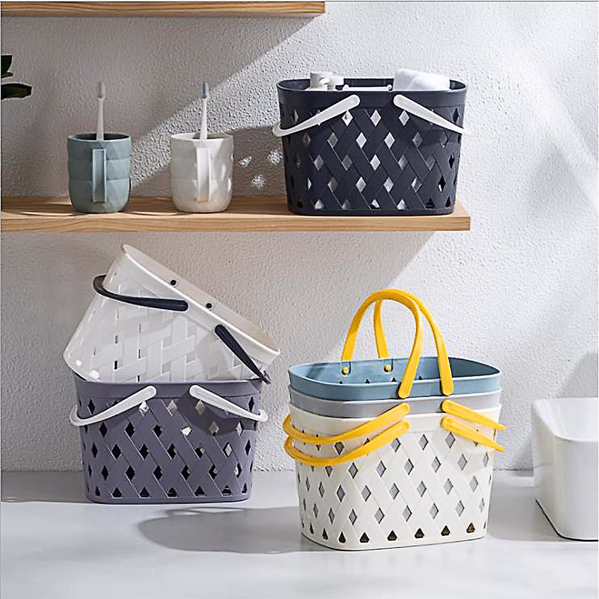 JiatuA Plastic Organizer Storage Basket with Handles, Woven Storage Bins for Bathroom, Kitchen, Closet, Bedroom (Light Gray)
