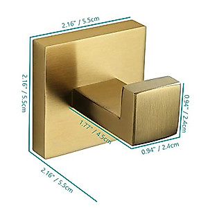 VELIMAX Premium Stainless Steel Towel Hook Square Robe Hook Coat Hook Heavy Duty Wall Mounted Luxury Hooks for Bathroom Hotel, Brushed Gold, 2-Pack