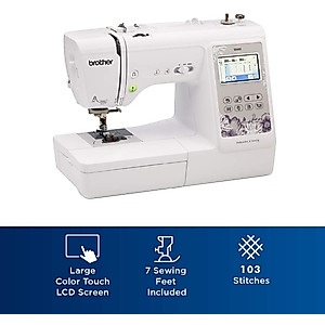 Brother SE600 Sewing and Embroidery Machine, 80 Designs, 103 Built-In Stitches, Computerized, 4" x 4" Hoop Area, 3.2" LCD Touchscreen Display, 7 Included Feet