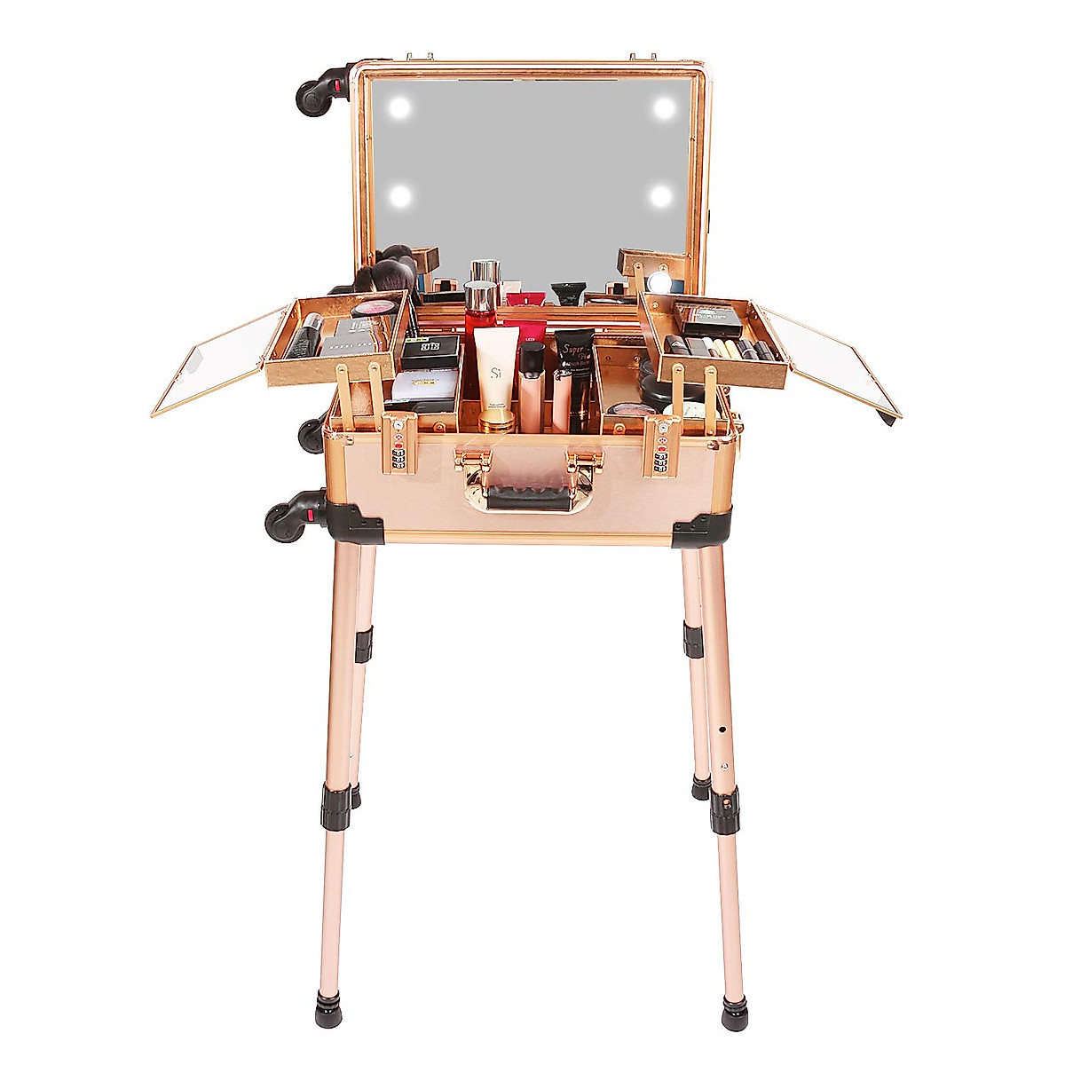 Jula Vance Medium Makeup Train Case with Code Lock, Lighted Mirror, Speaker Travel Cosmetic Organizer Box, Professional Artist Trolley Studio Free Standing Case