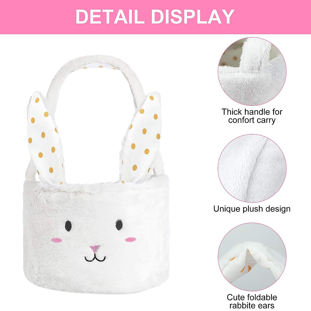 Evoio Easter Basket for Kids Toddler Girls Boys, Fluffy Bunny Bucket Bag with Handle Bunny Face and Foldable Ears Perfect for Easter Eggs Hunt Event, Easter Gifts Bunny Easter Eggs Basket Bags