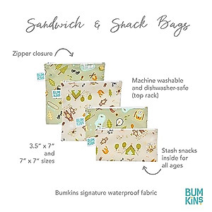 Bumkins Reusable Sandwich and Snack Bags, for Kids Lunch Bags and for Adults, Washable Fabric, Cloth Zip Bag, Dishwasher-Safe, Food-Safe, Safety Tested (4-Pack)