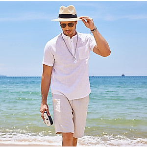 COOFANDY Men's Cotton Linen Henley Shirt Short Sleeve Hippie Casual Beach T Shirts with Pocket