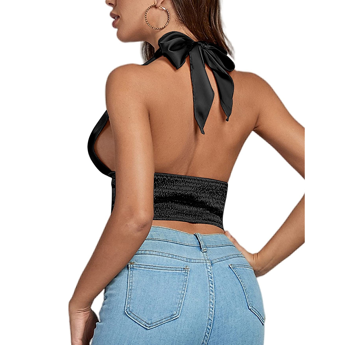 LYANER Women's Satin Halter Tie Backless Wrap Cut Out Cami Shirred Crop Top Black Medium