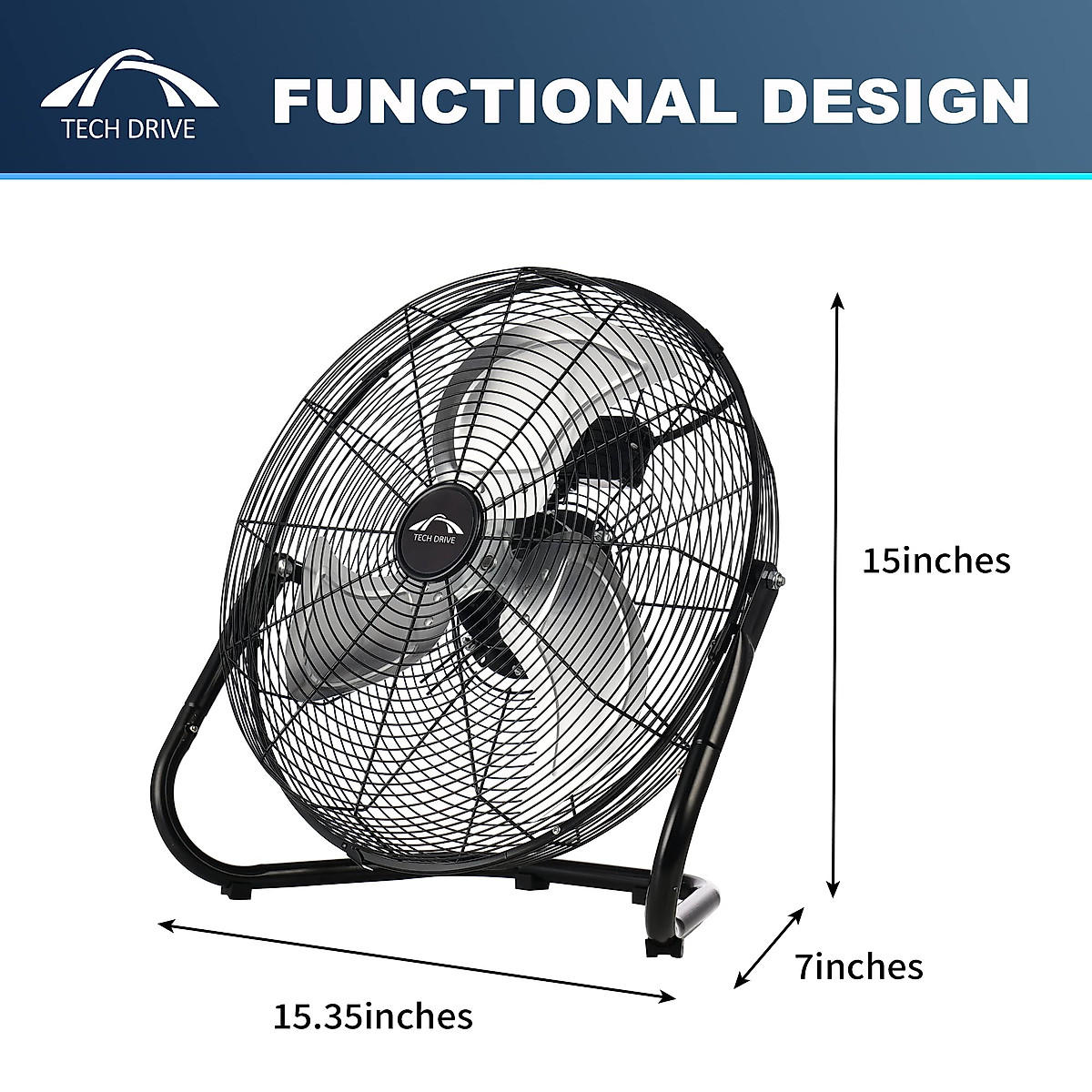 Tech Drive High Velocity Floor Fan,12 inch Heavy Duty Metal Industrial Fans,3 Powerful Speed,360° Adjustable Tilting and All Metal Construction, Black