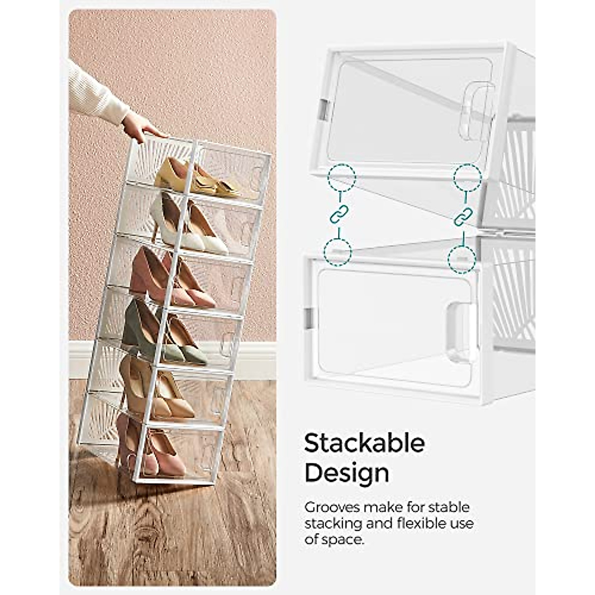 SONGMICS Clear Shoe Boxes, Set of 18 Stackable Plastic Shoe Organizer, Breathable and Foldable Display Storage Bins, for Max. US Size 11, Sneakers, Transparent and White ULSP106W18
