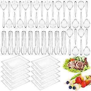 Tioncy 40 Pcs Plastic Serving Utensils Set Disposable Clear Utensils Include 30 Pcs 9" Plastic Serving Spoon Forks Tongs and 10 Pcs 15'' X10'' Plastic Serving Trays Serving Food Party Buffet Cutlery