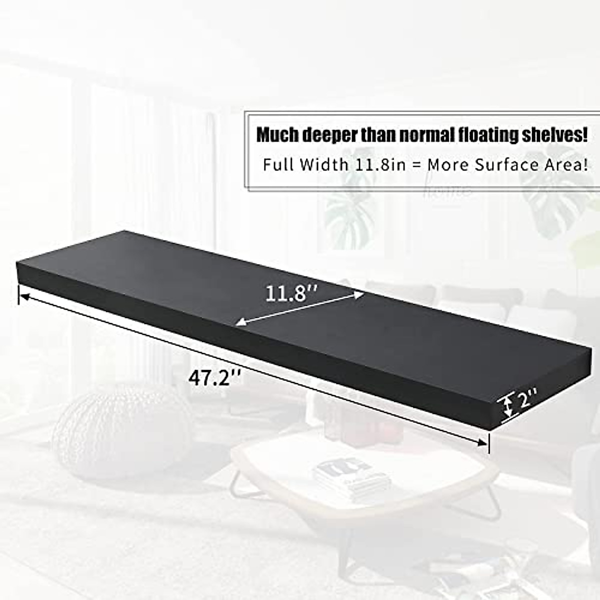 WELLAND 12" Deep Black Floating Shelves, Floating Wall Shelf, 47.24" L x 11.81" D x 2" T, Deeper Than Others, Black