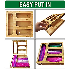DUODEAN Ziplock Bag Storage Organizer for Drawer, Bamboo Plastic Baggie Storage Organizer with Four Slots, Compatible with Ziploc Sandwich, Gallon, Quart, and Snack Bags and Sliders