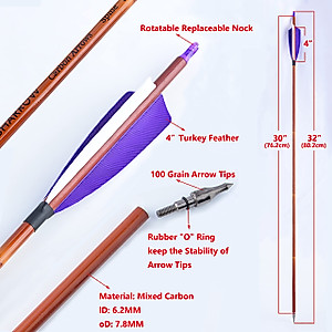 AMEYXGS 30inch Carbon Arrows Hunting Aiming Practice Arrows Spine 500 with 4inch Shield Turkey Feather Detachable Arrowhead for Recurve Compound Bow Longbow 12pcs (12Pcs Purple)