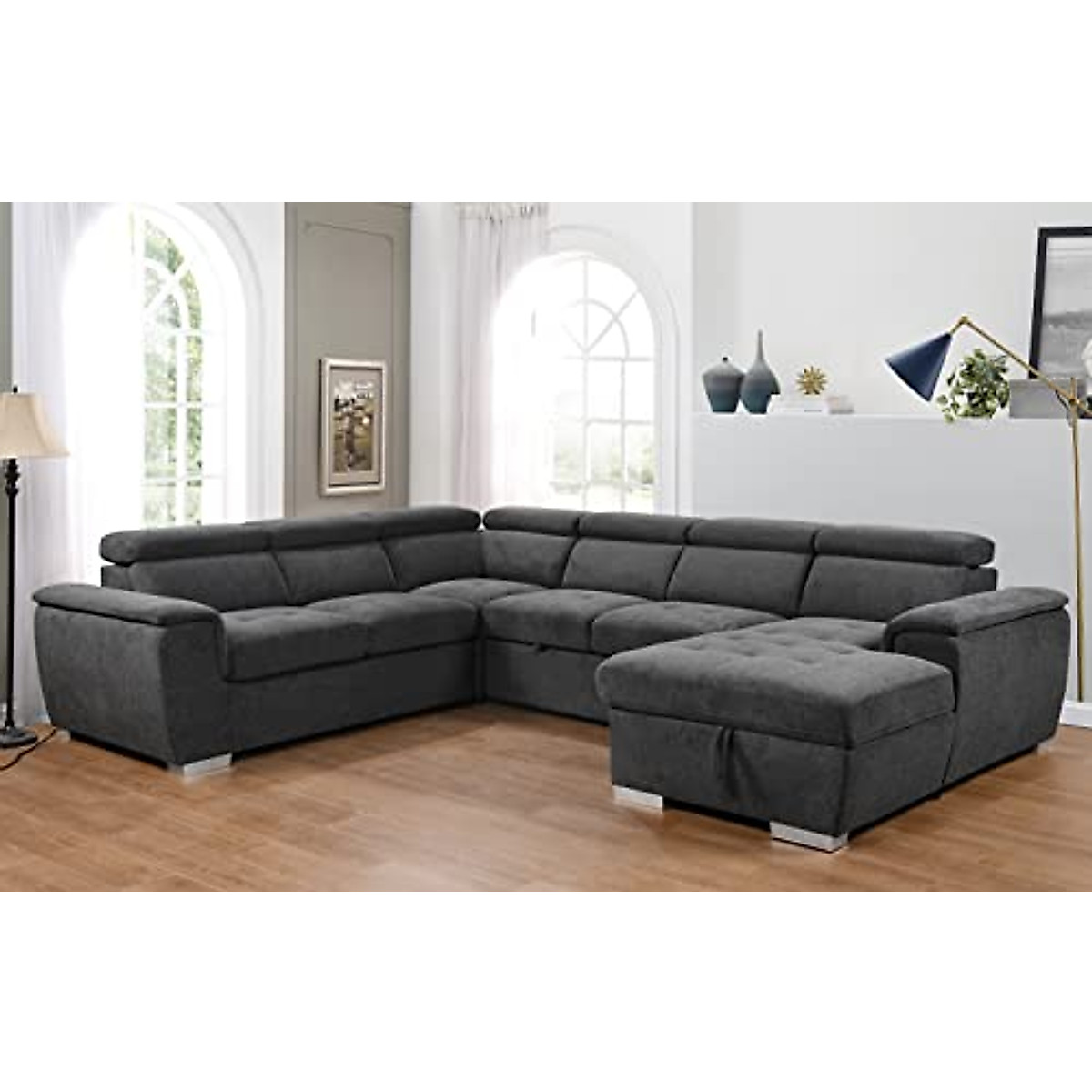 FANYE Oversized U-Shaped Sleeper Sectional Sofabed Sofa W/Pull Out Couch Bed & Wide Storage Chaise,7 Seaters Convertible Sofa&Couch with Adjustable Headrests for Home Apartment Living Room