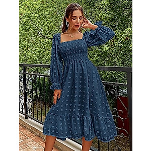 Amegoya Women's Elegant Square Neck Long Sleeve Formal Dress Fall Swiss Dot Modest Smocked Midi Wedding Guest Dress (Navy Blue L)