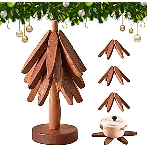 Generic Wooden Tree Trivet Set Coaster, Christmas Trivet,Tree Shape trivets for hot pots and Pans 3 Wooden Trivet + 1 Stand (Walnut Color)