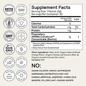 ARMRA Colostrum™ Premium Powder, Grass Fed, Gut Health Bloating Immunity Skin & Hair, Contains 400+ Bioactive Nutrients, Potent Bioavailable, Keto, Gluten & Fat Free (Blood Orange | 30 Servings)