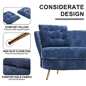 TXFTRR Velvet Loveseat, Upholstered Armless Sofa with Curved Backrest and 2 Pillows, Compact Couch and Loveseat with Golden Legs and Non-Slip Floor Pads, Unique Couch for Small Spaces (Blue)