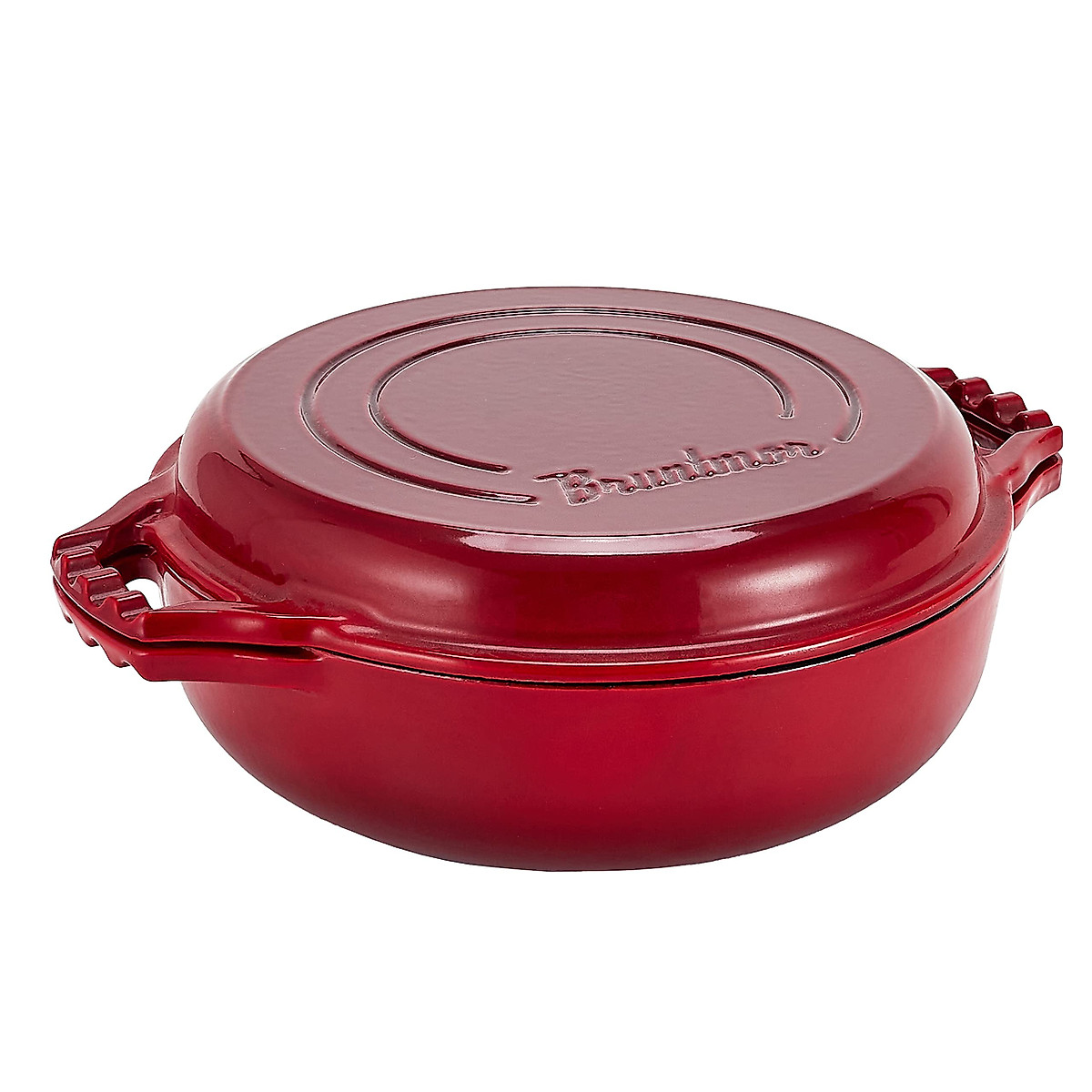 Bruntmor 2-in-1 Pre-Seasoned Cast Iron Pan |Cocotte Double Braiser Pan with Grill Lid 3.3 Quarts - Barbecue Grill Non Stick Frying Pan - Nonstick Cookware Set with Wide Handle (Red)