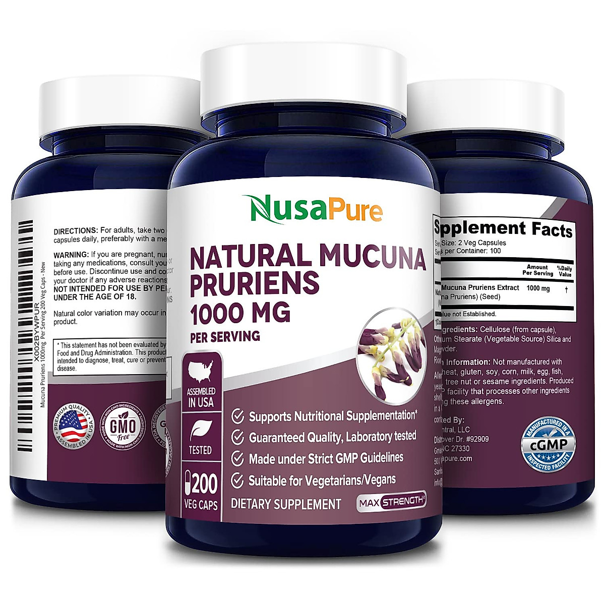 NusaPure Mucuna Pruriens 1000mg 200 Veggie Caps (Non-GMO, 100% Vegetarian, Gluten Free)
