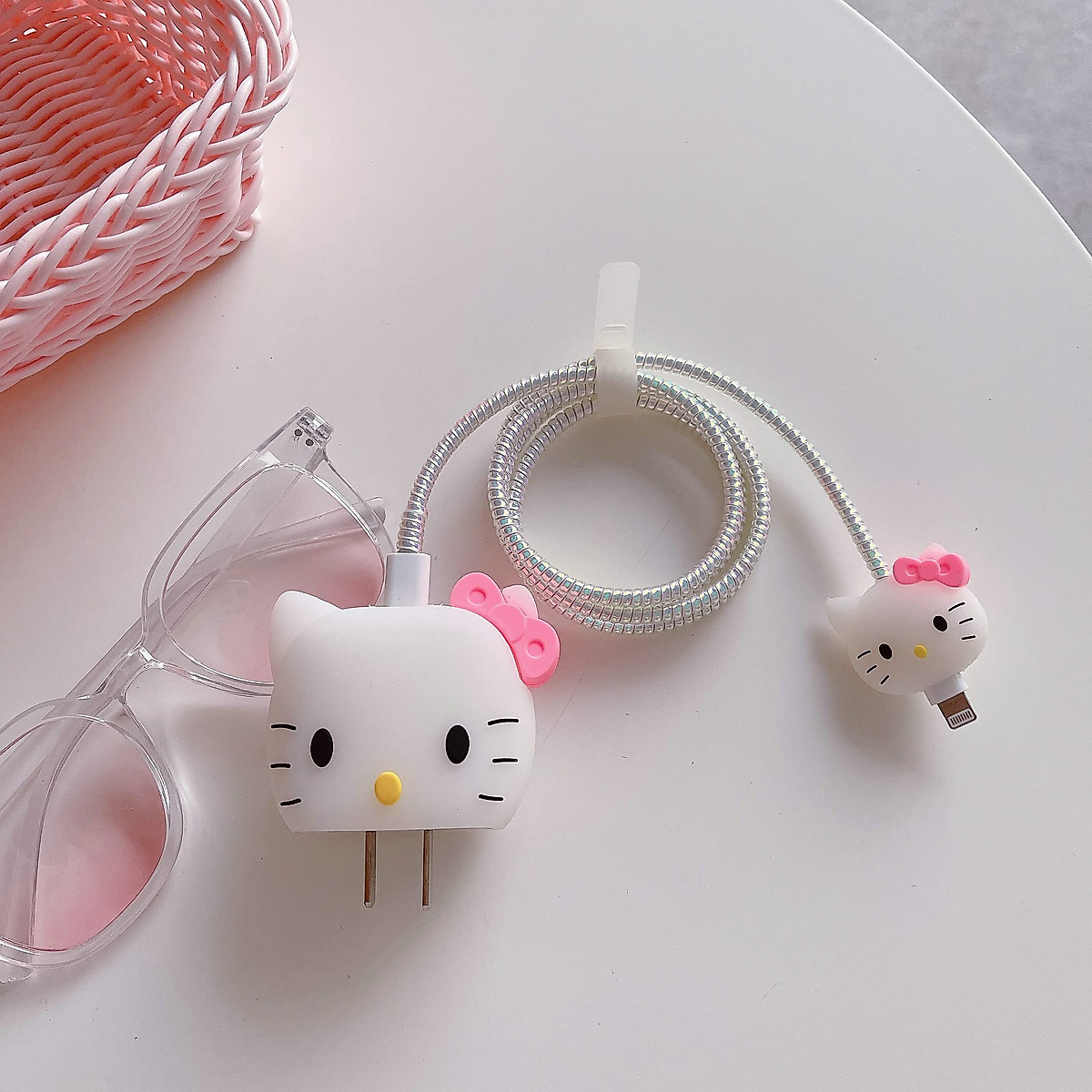 3D Cute Cartoon Wall Charger Protector Case - Compatible for Apple 20W USB-C Power Adapter and Lightning Cable (White Kitty)