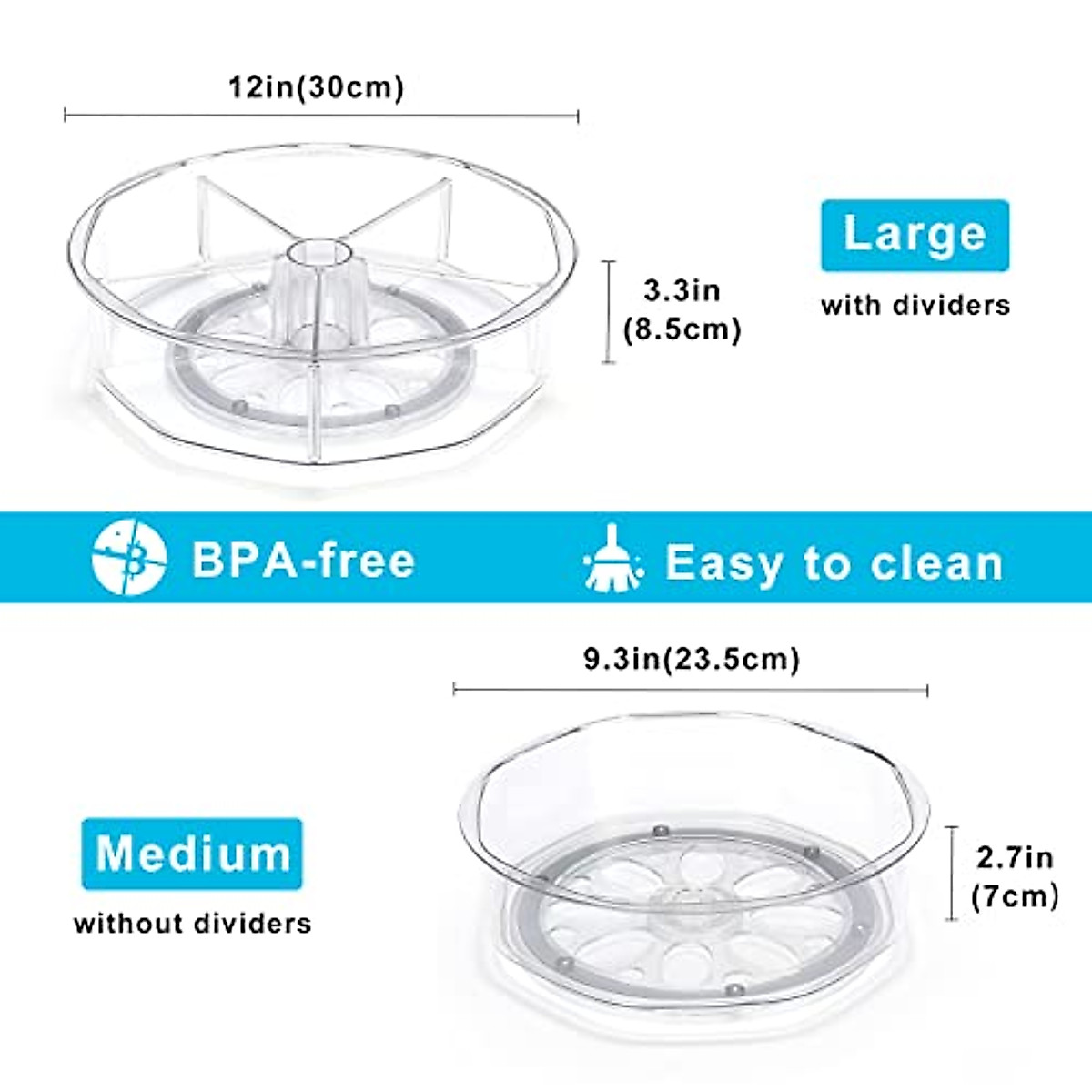 Puricon 2 Pack Lazy Susan Organizer 12 inch and 9" with Dividers, Clear Turntable Rotating Storage Container Bin for Kitchen Pantry Cabinet Fridge Undersink, Spice Rack Snack Skincare Organizer