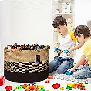 COMSE Extra Large Blanket Basket, Storage Basket, Laundry Basket, 21.7”x 13.8”, Laundry Hamper, Cotton Rope Basket, Blanket Basket Living Room, Toy Basket (Brown & Black)