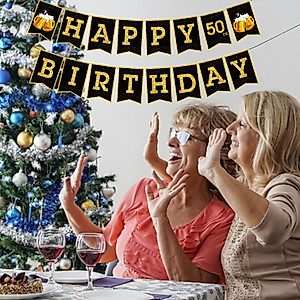 GLASNES Happy 50th Birthday Banner Beer Birthday Party Decorations 50th Happy Birthday Black Glitter Party Supplies