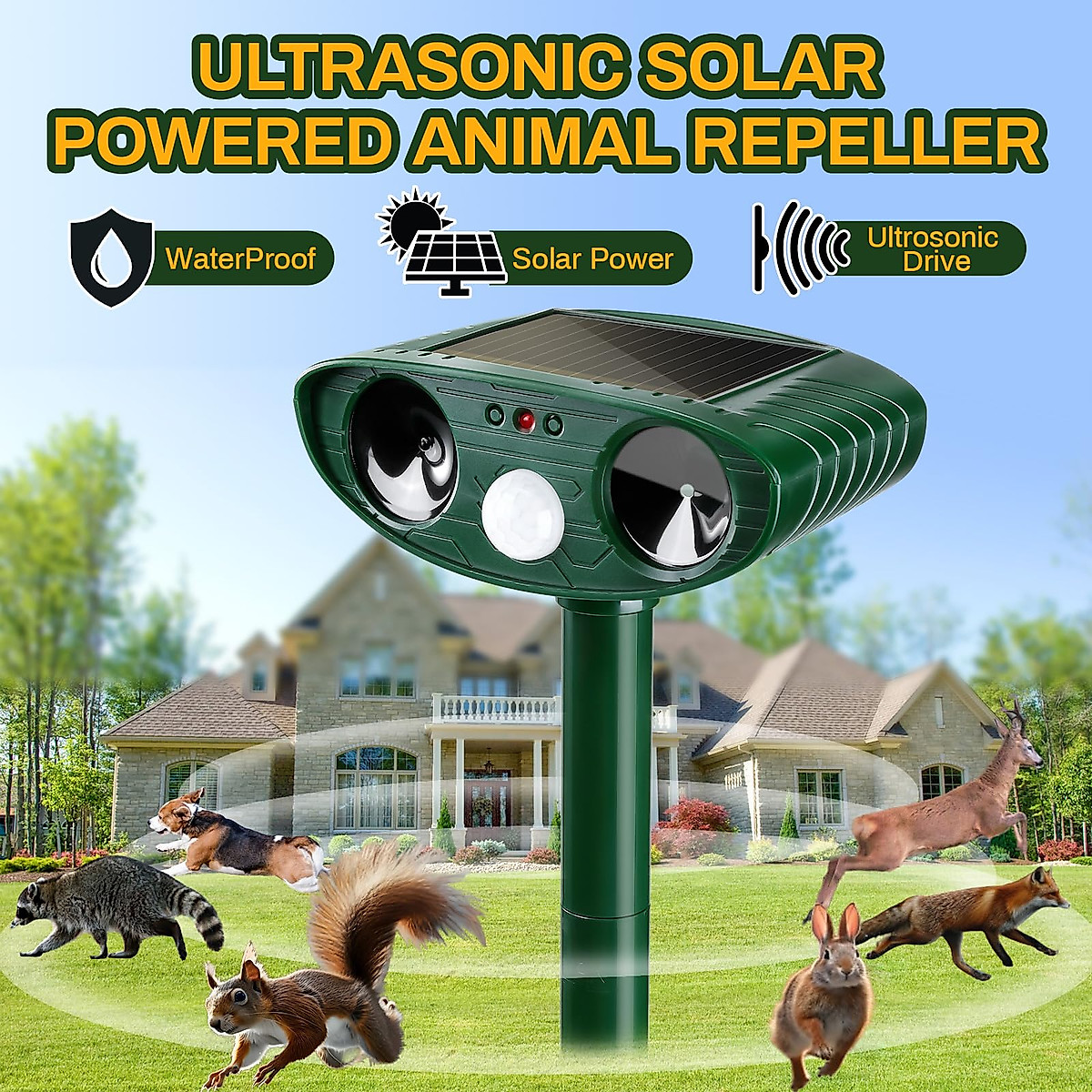 Gebatule 4 Pack Ultrasonic Animal Repellent Outdoor Deer Repellent Devices Solar Animal Repeller Motion Activated Deterrent to Scare Cat Squirrel Rabbit Raccoon Skunk