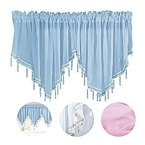 White Sheer Tulle Beaded Valance Curtains 2 Pieces Kitchen Cafe Rod Pocket Swag Window Curtain Valances with Bead Trim for Bedroom Bathroom Nursery Living Room, 51 x 24 Inch Length (Blue)