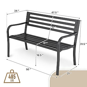 Athena Collection 50" Garden Bench Outdoor Patio Bench with Backrest, Cast Iron Metal Frame Porch Bench Park Farmhouse Bench Weatherproof Furniture for Backyard Lawn Garden Entryway, Black