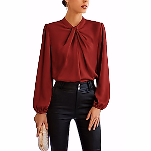 Ladies Workwear 2023 Trendy Summer Fall Mock Neck Lantern Long Sleeve Blouse Shirt Twist Front Top Wine Red XXL