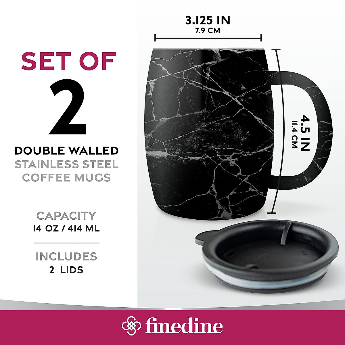 FineDine Double-Wall 18/8 Stainless-Steel Coffee Mugs with Spill-Resistant Lids Insulated Coffee Travel Mug with Comfortable Handle for Hot & Cold Drinks, Shatterproof Coffee Cups, 14 Oz. (Set of 2)