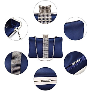 DA BODAN Fashion Womens Jane Satin Diamante Clutch Rhinestone Evening Bridal Prom Party Handbag Crossbody Purse Chain Bag (Dark blue 1)