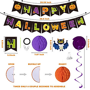Halloween Birthday Party Decorations Indoor, Halloween Themed Party Supplies with Happy Halloween Banner Hanging Swirl Streamers Halloween Card Paper Flowers Balls Honeycomb Balls Foil Balloons